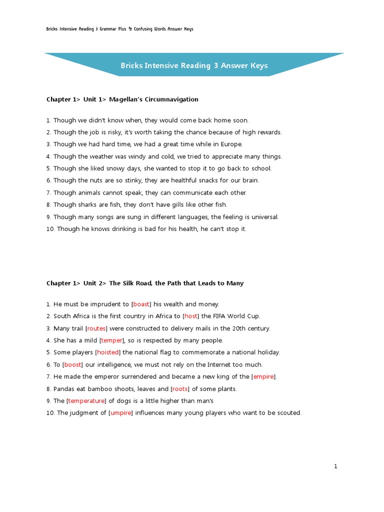 Bricks Intensive Reading 3 Answer Keys: Chapter 1 Unit 1 | PDF | Nature
