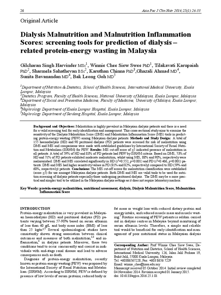 Dialysis Malnutrition and Malnutrition Inflammation Scores - Screening ...