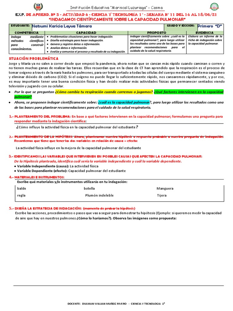 Exp Aprend 3 - Act 3 Semana 11 Del 14-06-21 | PDF | Respiración | Hipótesis
