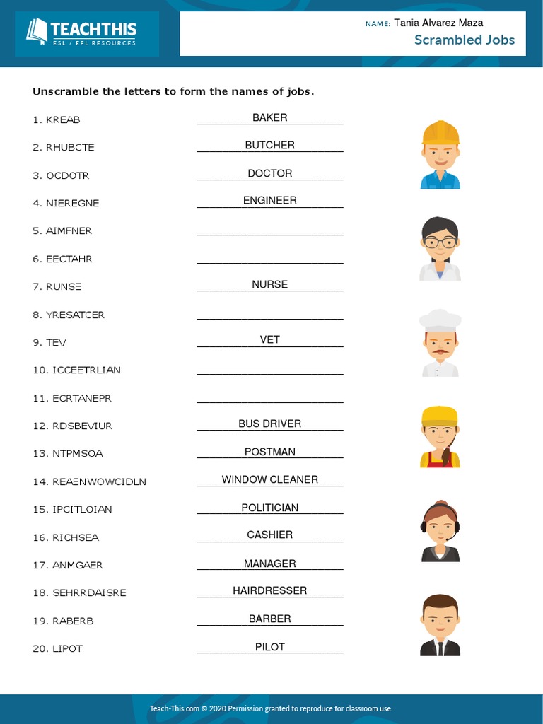 Scrambled Jobs: Unscramble The Letters To Form The Names of Jobs | PDF