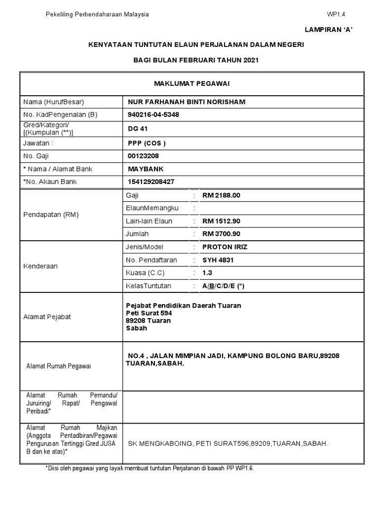 Borang Tuntutan Pengawas SPM 2020 | PDF
