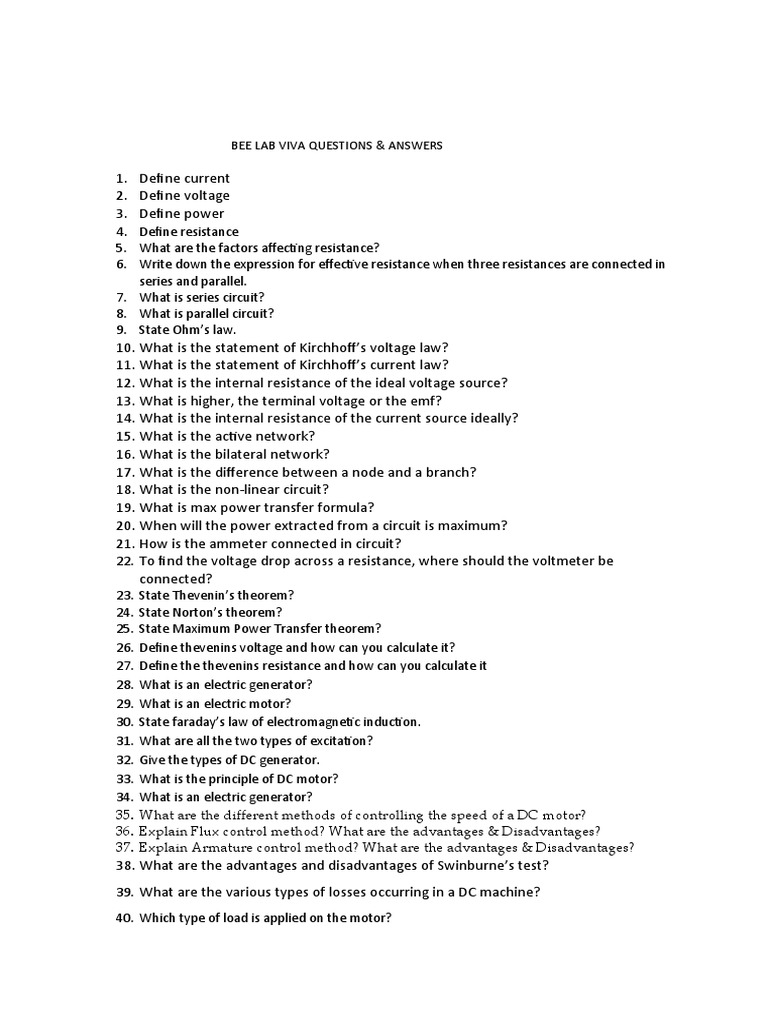 Bee Lab Viva Questions | PDF | Voltage | Electric Motor