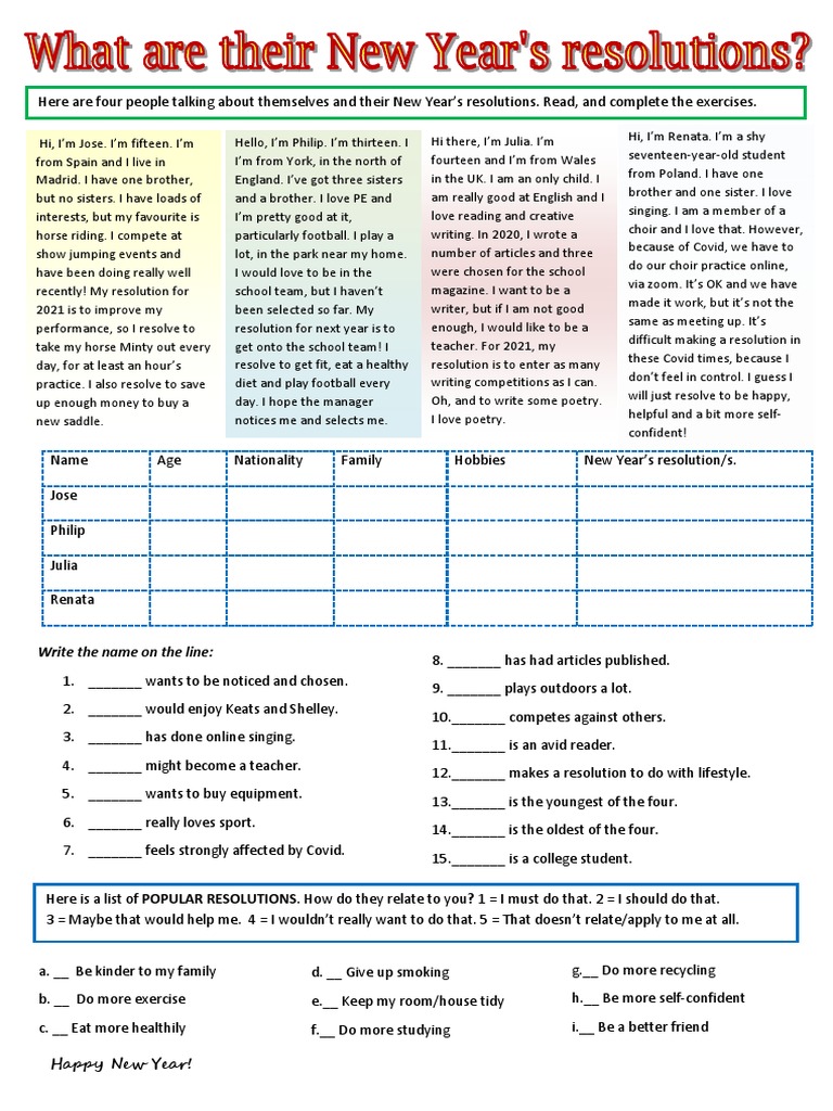 New Years Resolutions Reading Comprehension Exercises - 131690 | PDF