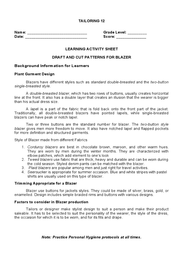 Tailoring-12 QUARTER 3 LO 1 DRAFT AND CUT PATTERN FOR BLAZER | PDF ...