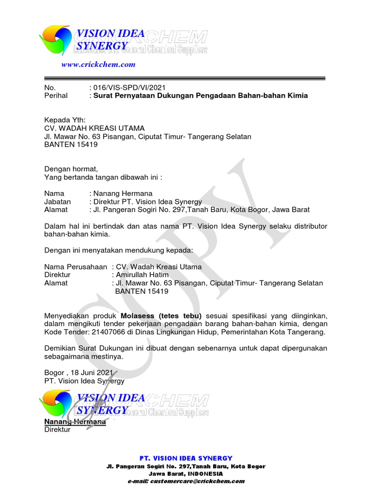 Surat Dukungan PT Vision | PDF