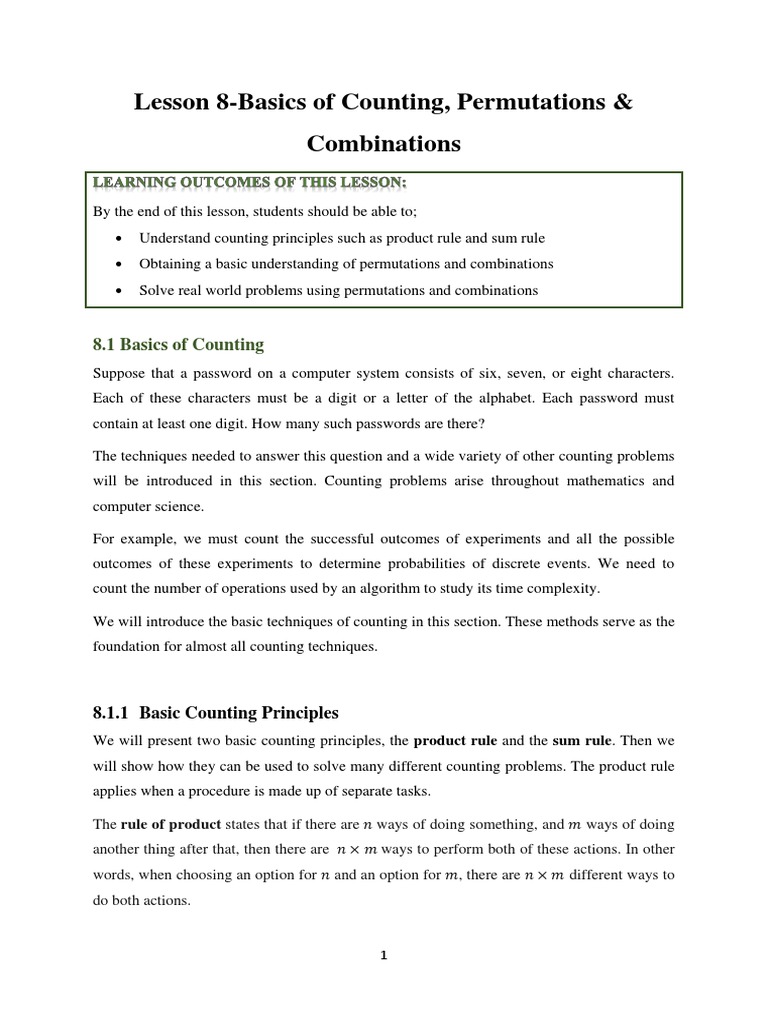 Lesson 8-Basics of Counting, Permutations & Combinations | PDF | Function (Mathematics ...
