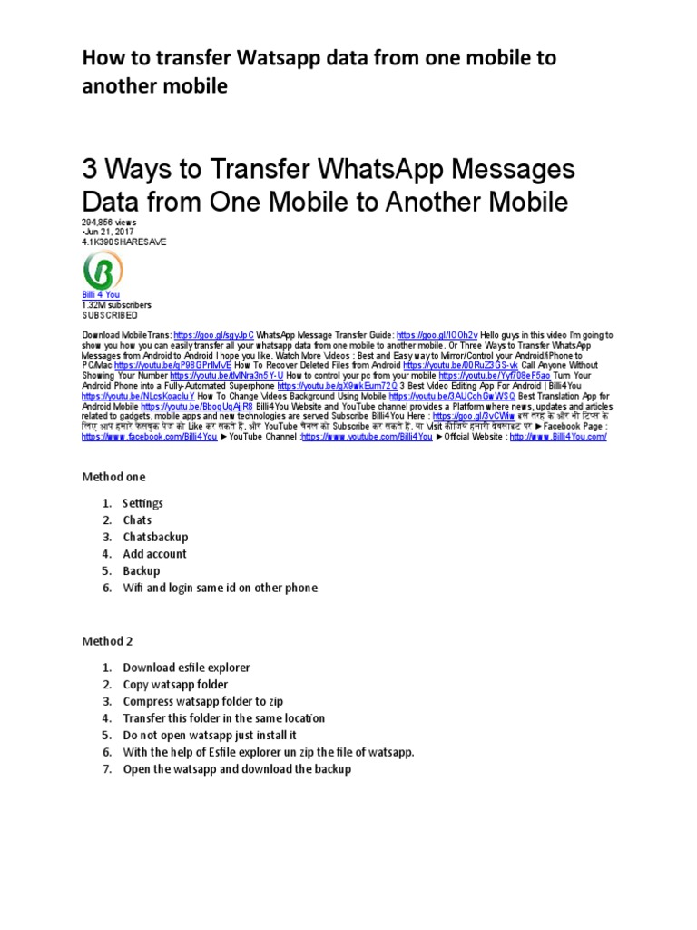 3 Ways To Transfer Watsapp Data | PDF