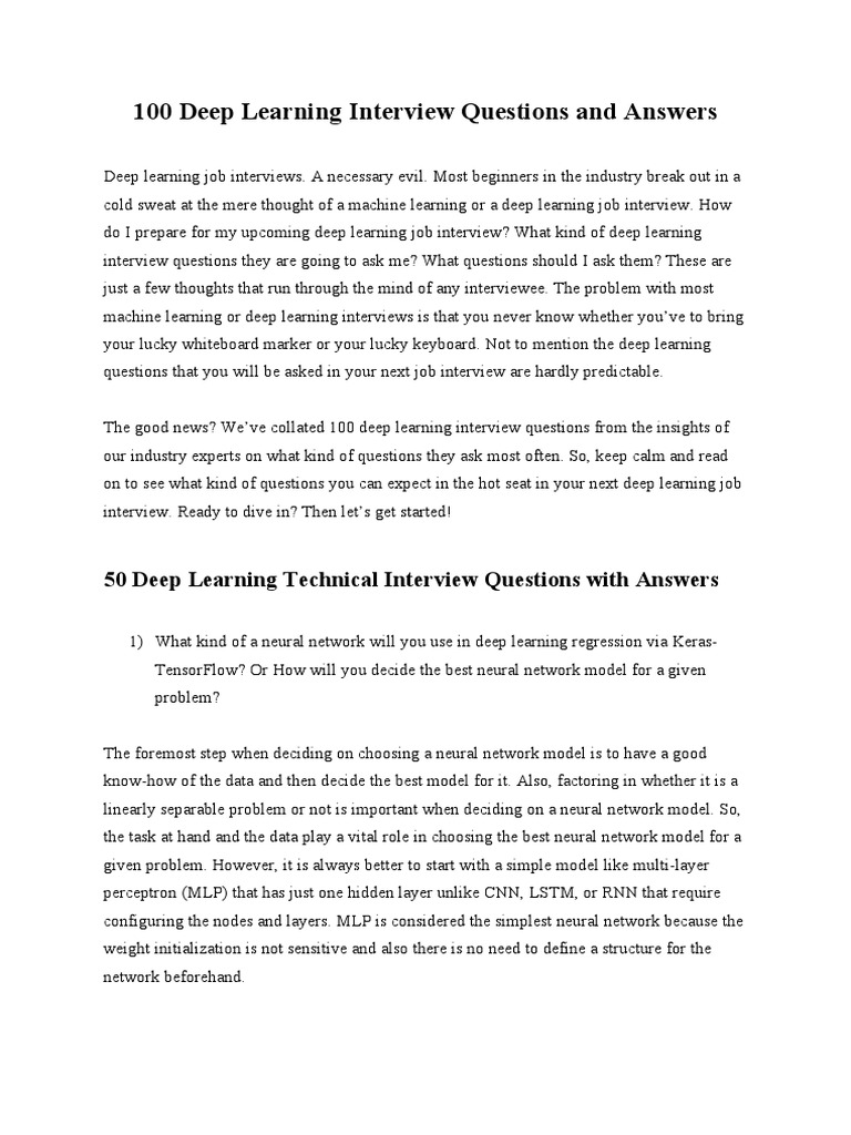50 Deep Learning Technical Interview Questions With Answers | PDF | Artificial Neural Network ...