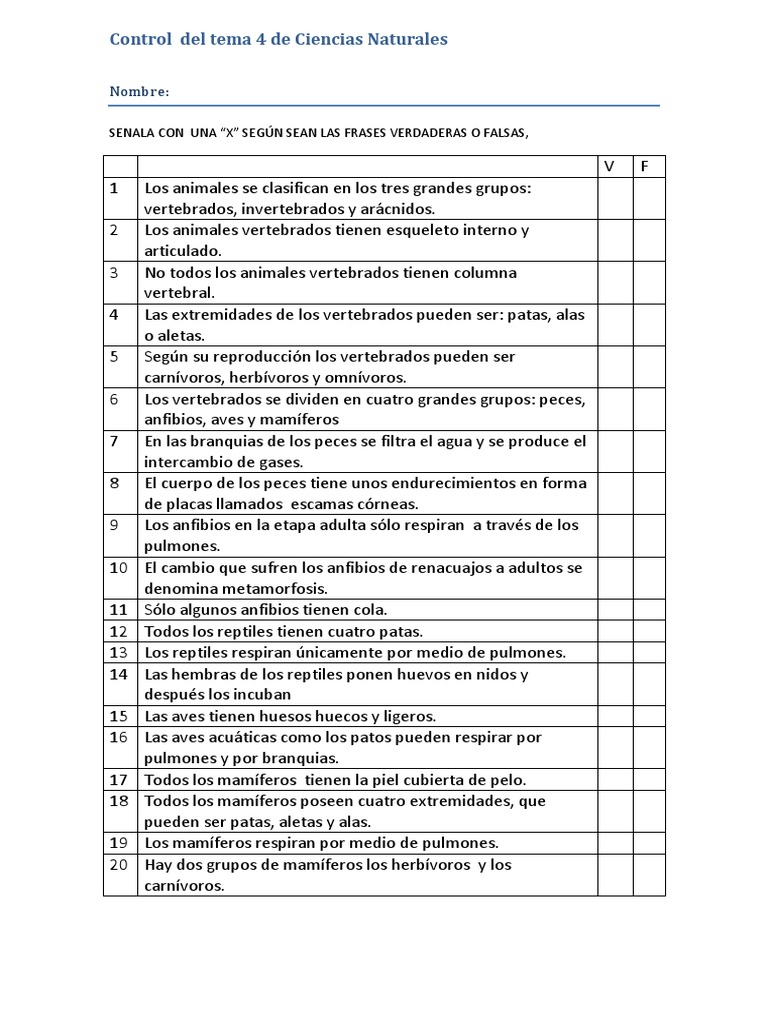 Control Tema 4 de Naturales | PDF | Anfibio | Vertebrados