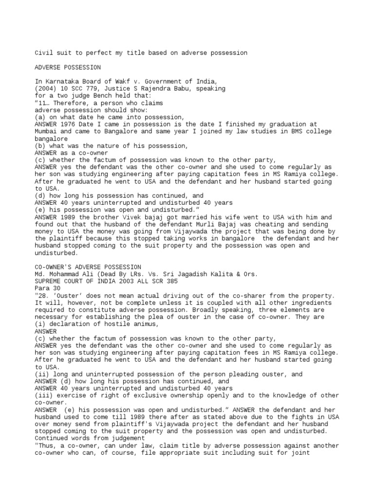 Adverse Possession Upload To Download | PDF | Adverse Possession | Pleading