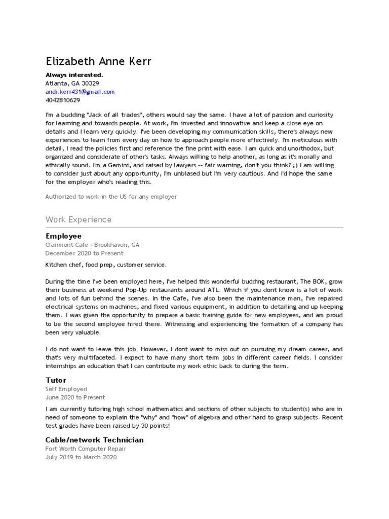 Elizabeth Anne Kerr: Work Experience | PDF | Business | Computing And ...