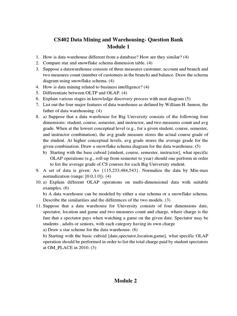 CS402 Data Mining and Warehousing Question Bank | PDF | Data Warehouse ...