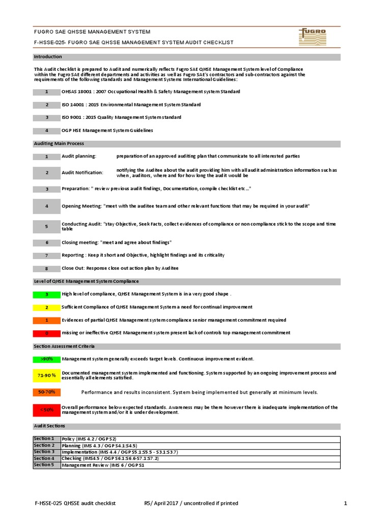 0.checklist, F-HSSE-025 - FSAE QHSSE Management System | PDF | Risk Assessment | Audit