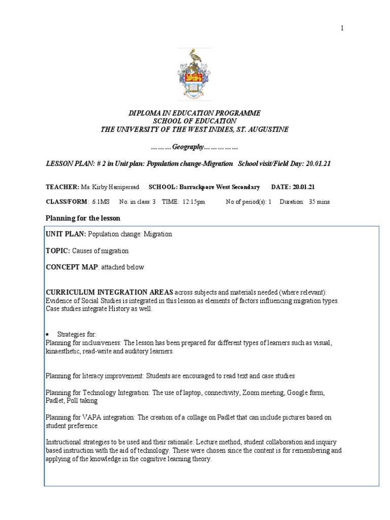 Kirby Harripersad 04715468 Lesson Plan Teaching Practice 1 Recorded ...