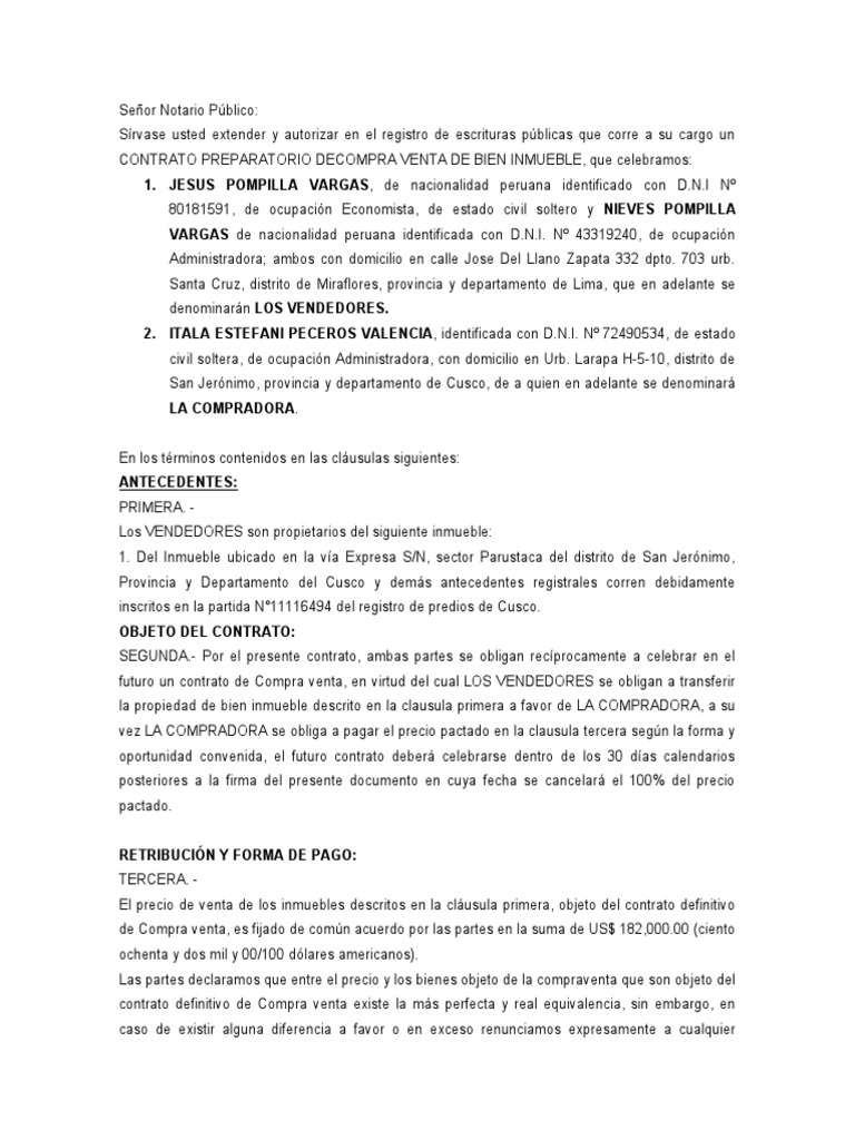 Minuta Del Contrato Preparatorio Arras 1034 | PDF | Derecho privado | Ley común