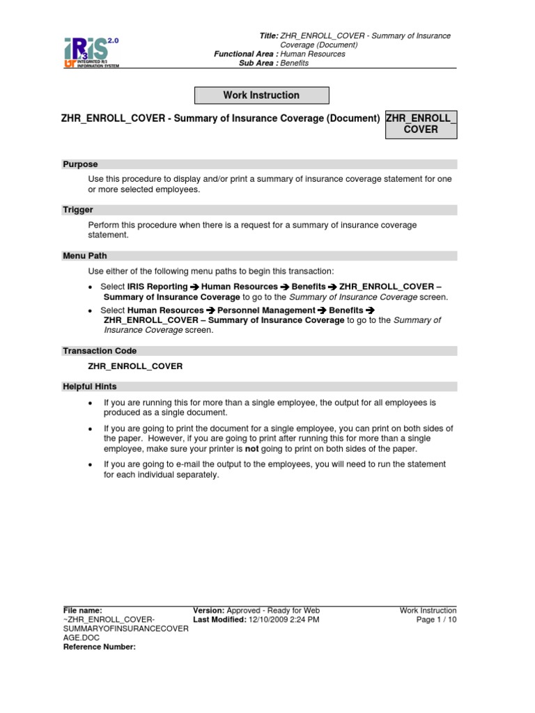 Work Instruction ZHR - ENROLL - COVER - Summary of Insurance Coverage ...