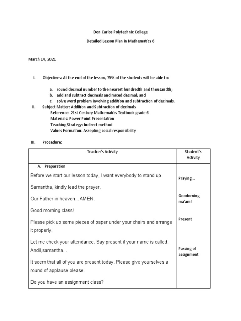 Lesson Plan: Adding & Subtracting Decimals | PDF | Numbers | Rounding