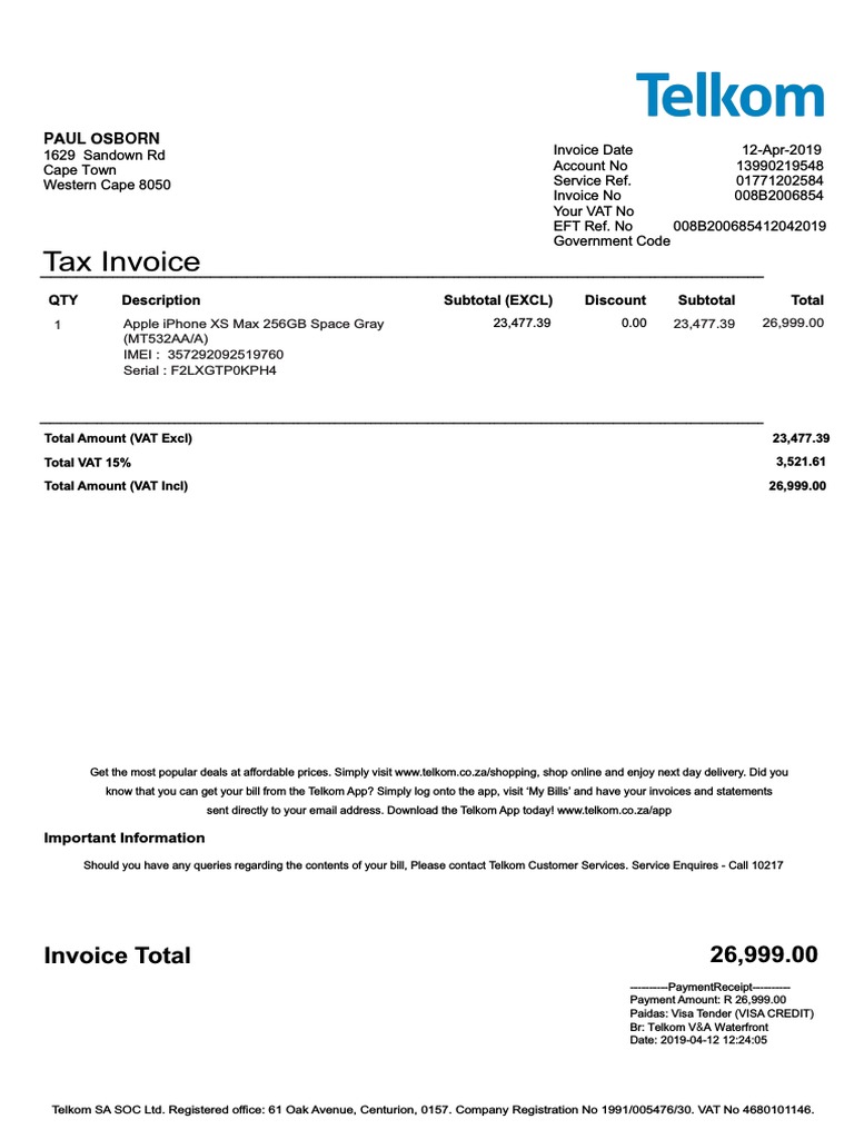 Telkom Tax Invoice for iPhone XS Max | PDF | Invoice | Apple Inc.