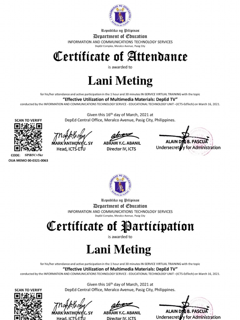 Effective Utilization of Multimedia Materials DepEd TV - Certificates | PDF