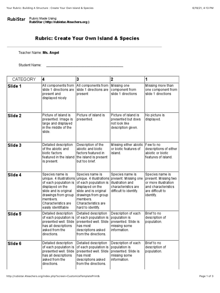 Create Your Own Island Species Rubric | PDF | Rubric (Academic) | Cognition