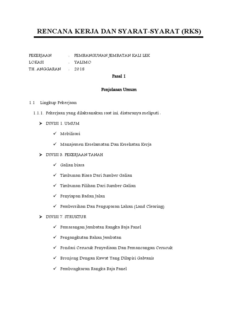 RKS Pembangunan Jembatan Kali Lek | PDF | Teknologi & Rekayasa