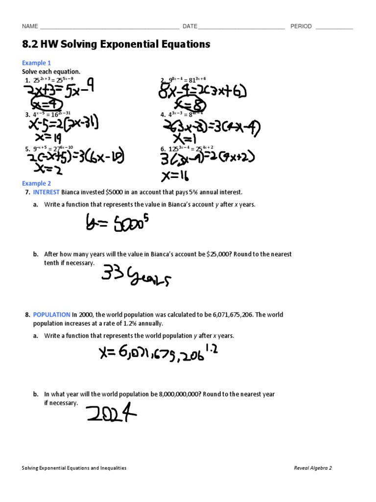 Exponential Equations Worksheet