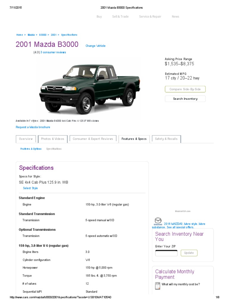 2001 Mazda B3000 Specifications | PDF