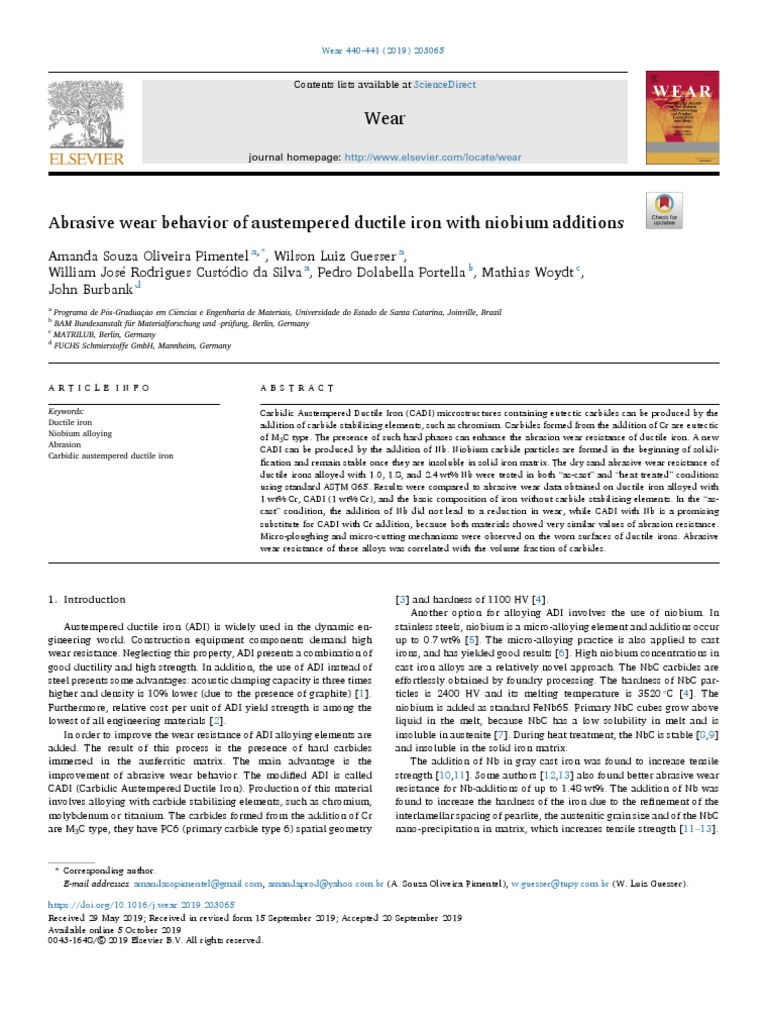 Abrasive Wear Behavior of Austempered Ductile Iron With Niobium Additions | PDF | Cast Iron | Alloy