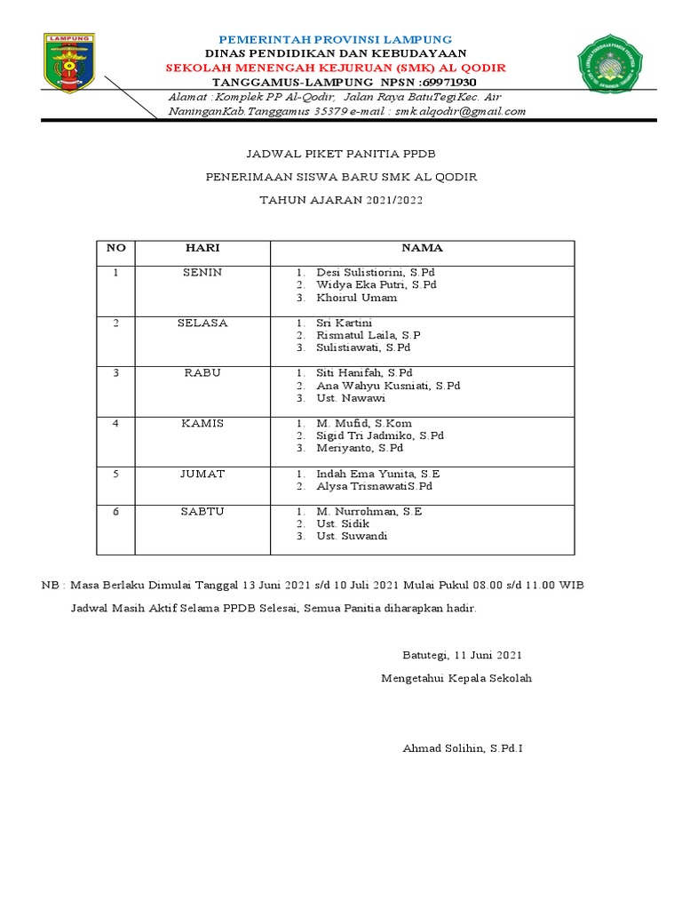Contoh Jadwal Piket PPDB 2021 | PDF
