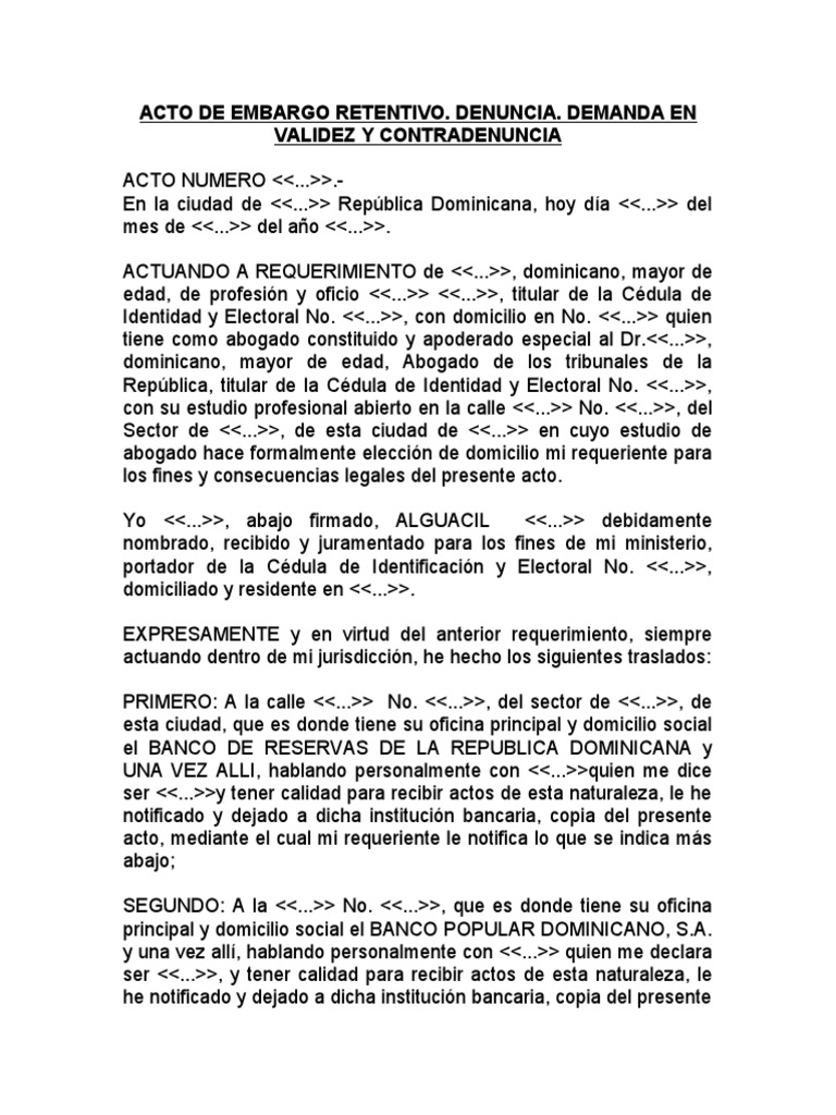 Acto de Embargo Retentivo | PDF | Bancos | Demanda judicial