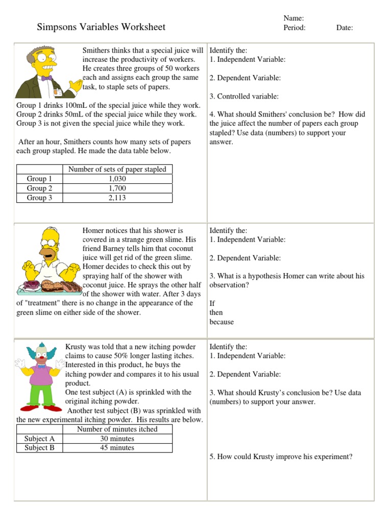 Simpsons Variables Worksheet | PDF | Bart Simpson | Experiment