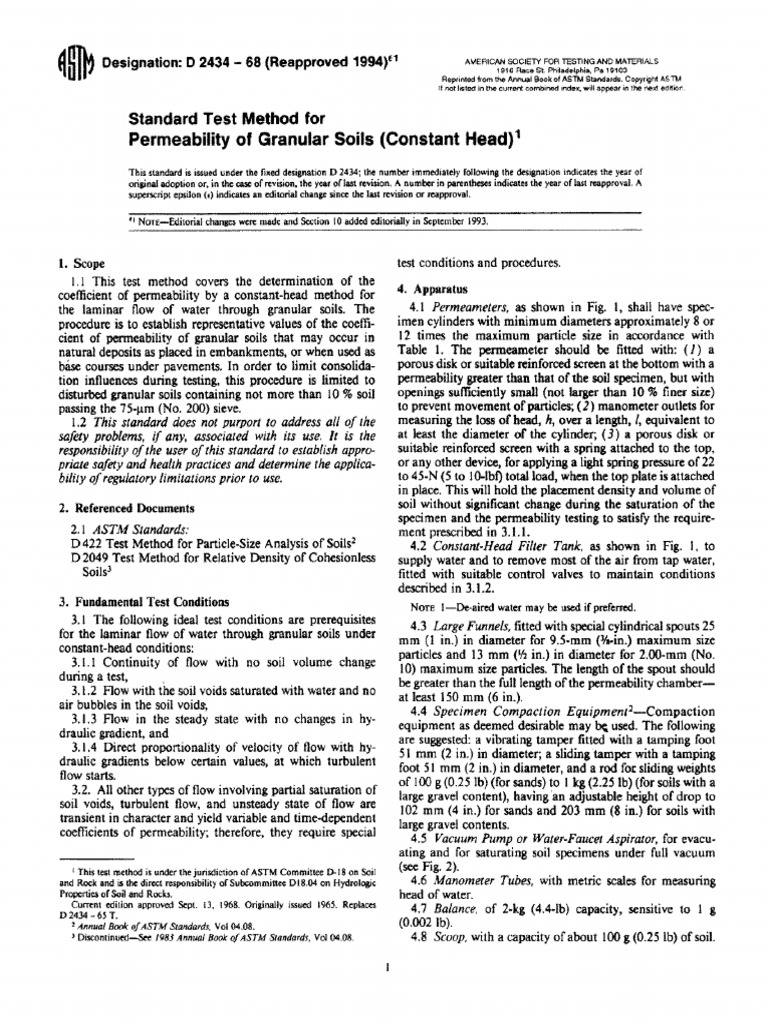 ASTM D2434-68 (1994) E1 Permeability of Granular Soils (Constant Head ...