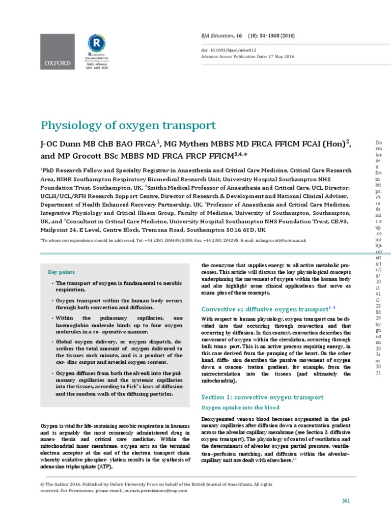 Physiology of Oxygen Transport | PDF | Hemoglobin | Hypoxia (Medical)