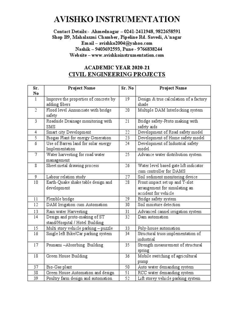 Civil Enggi Project List 2020-21 | PDF | Automation | Water