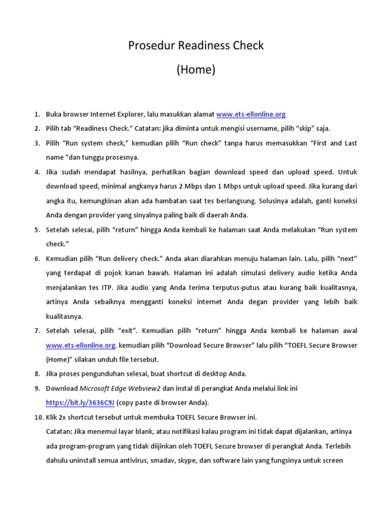 Prosedur Readiness Check (Home) | PDF