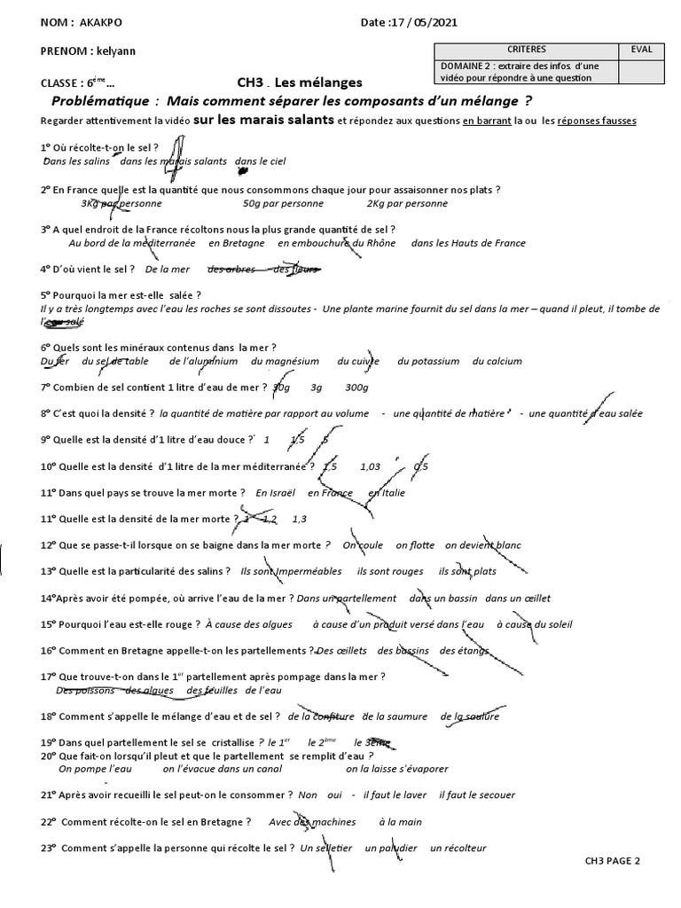 Copie de CH3 QCM MARAIS SALANTS | PDF | Sel | Eau de mer