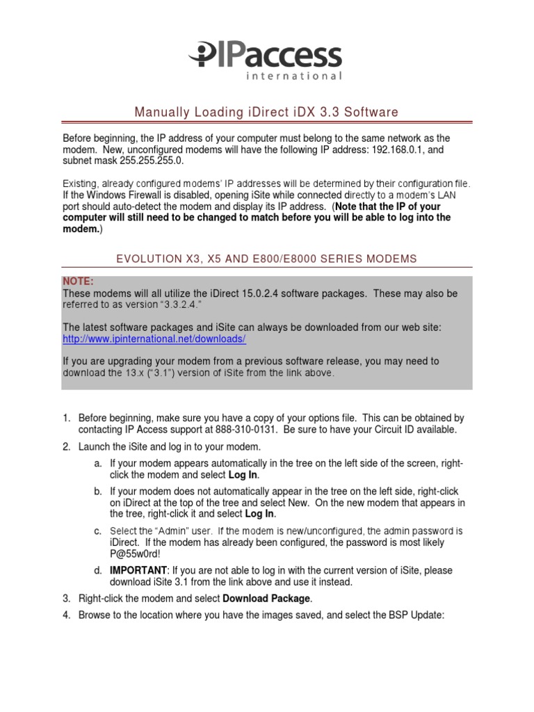 Upgrading iDirect Modem Software and Configuring IP Parameters for ...