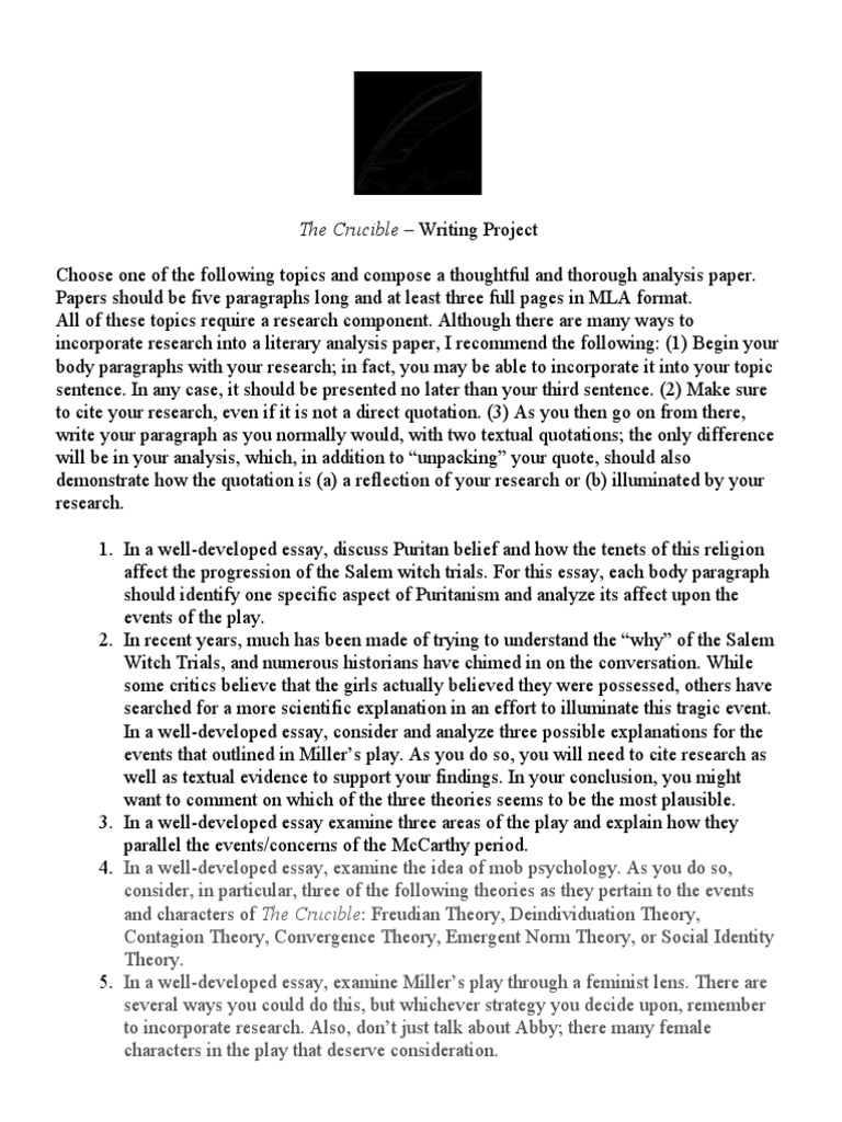 The Crucible - Writing Project | PDF | Essays | Puritans