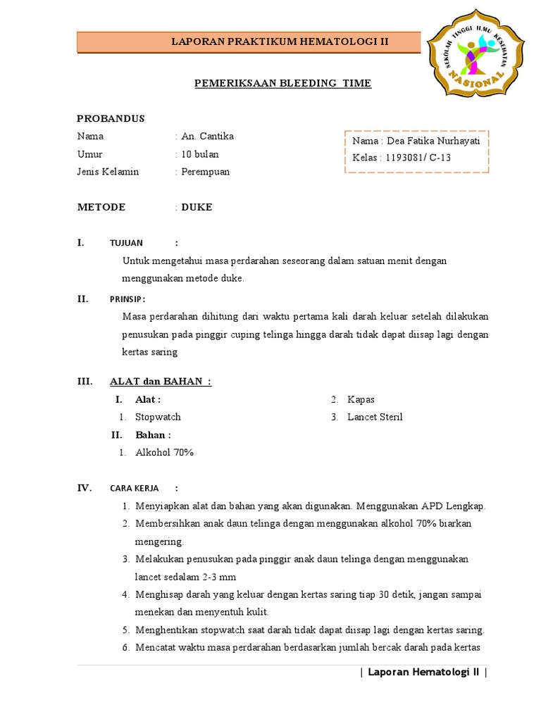 Laporan Praktikum Bleeding Time Metode Duke | PDF | Sains & Matematika