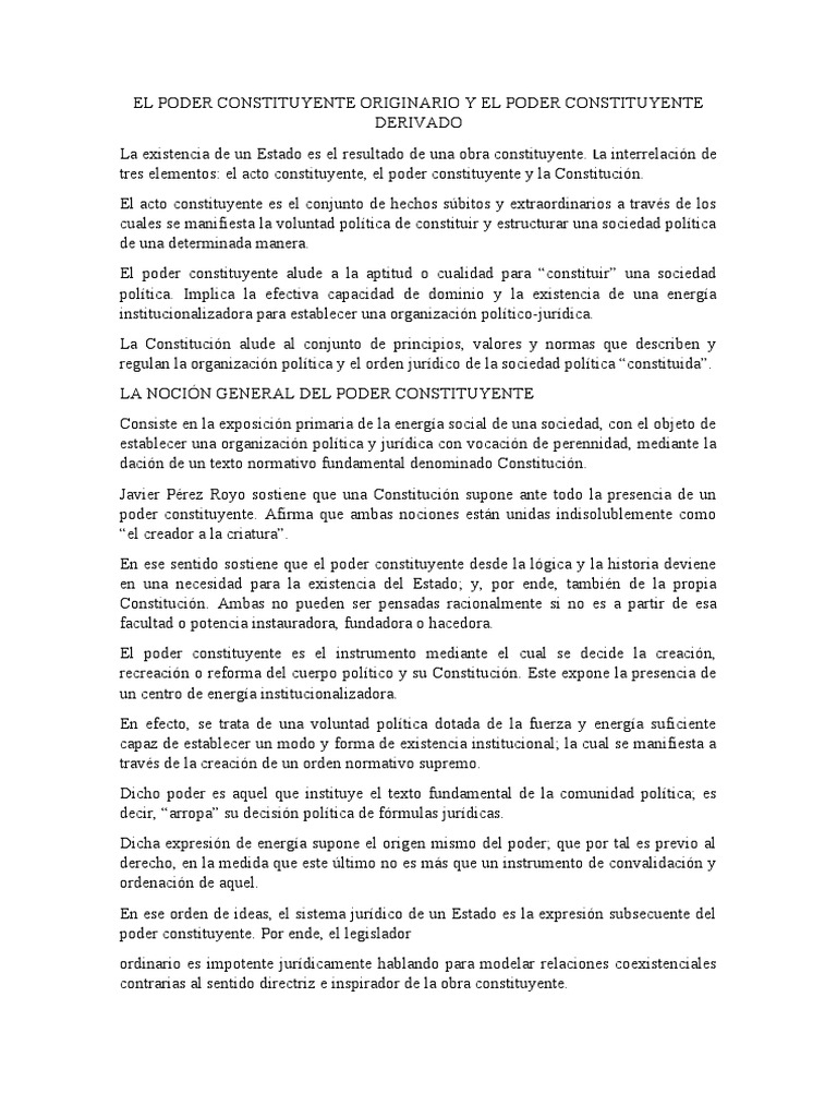 El Poder Constituyente Originario y El Poder Constituyente Derivado ...