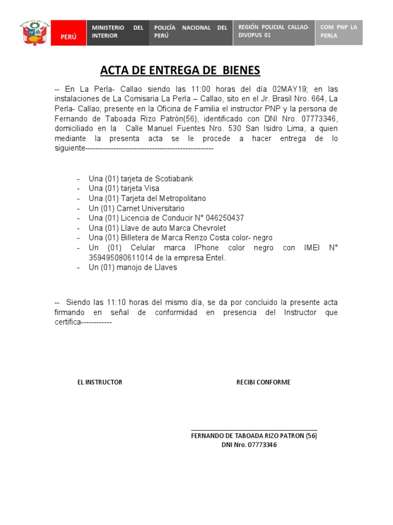 Acta de Entrega de Bienes | PDF
