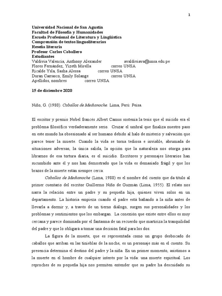 Reseña Literaria- Caballos de Medianoche | PDF | Muerte