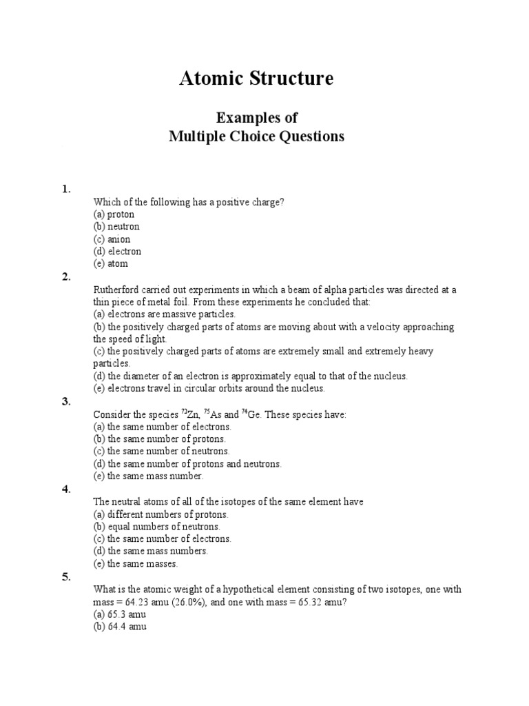 Atomic Structure: Examples of Multiple Choice Questions | PDF | Energy ...