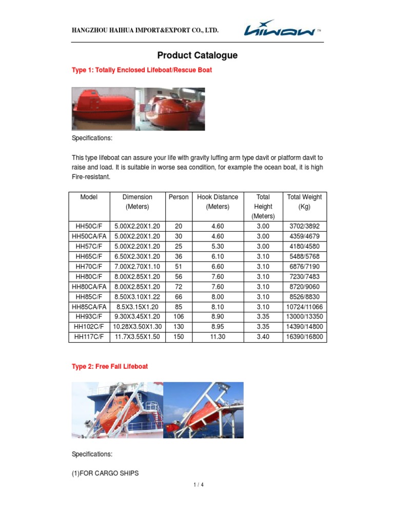 Product Catalogue: Type 1: Totally Enclosed Lifeboat/Rescue Boat | PDF ...