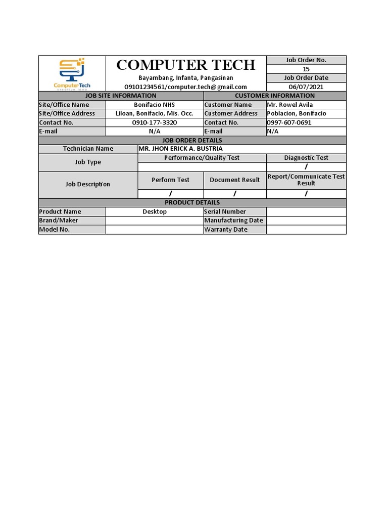 Computer Tech: Job Site Information Customer Information | PDF ...