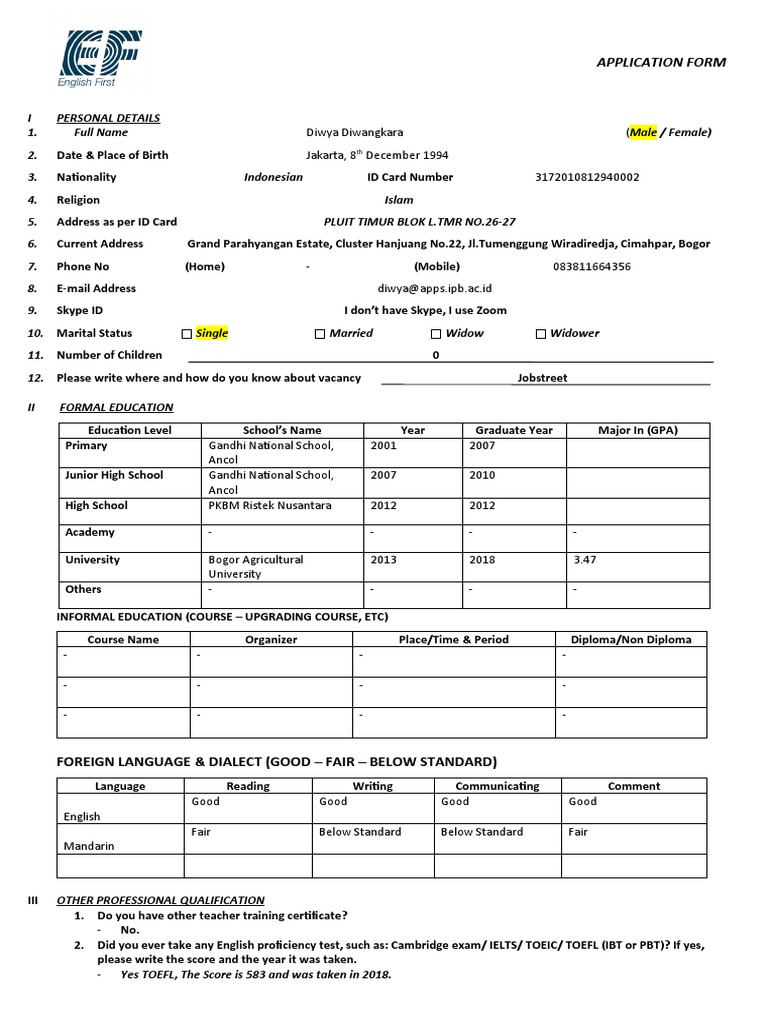 Application Form NNT EF - Diwya Diwangkara | PDF | Test Of English As A ...