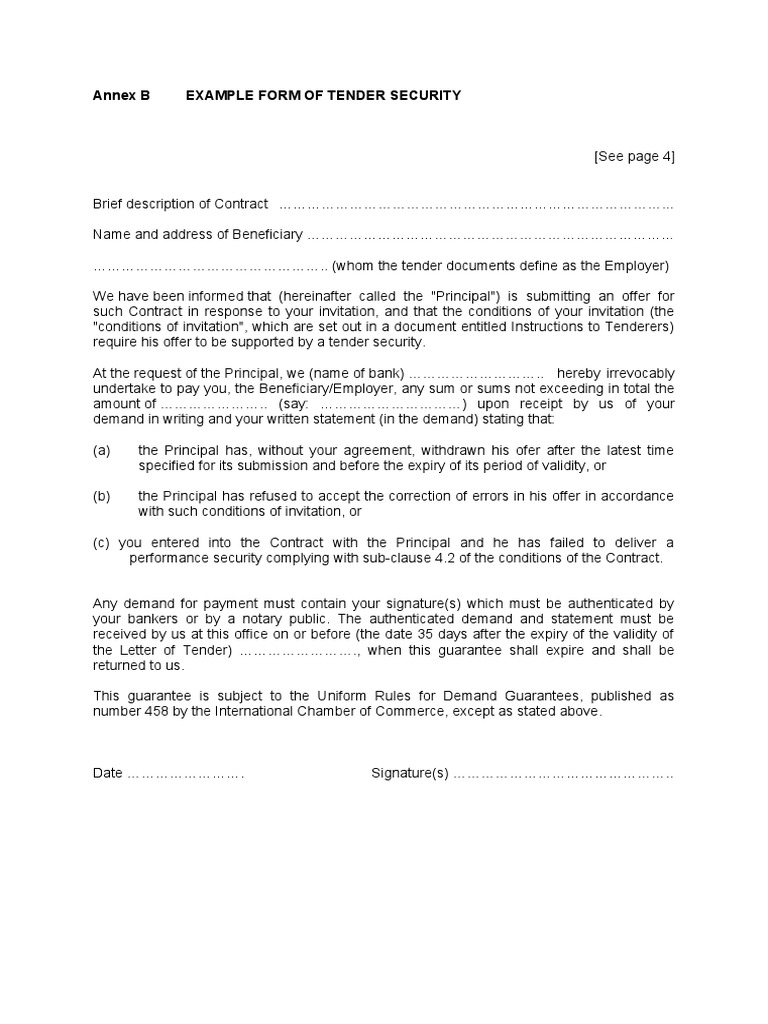 Annex B EXAMPLE FORM OF TENDER SECURITY | PDF