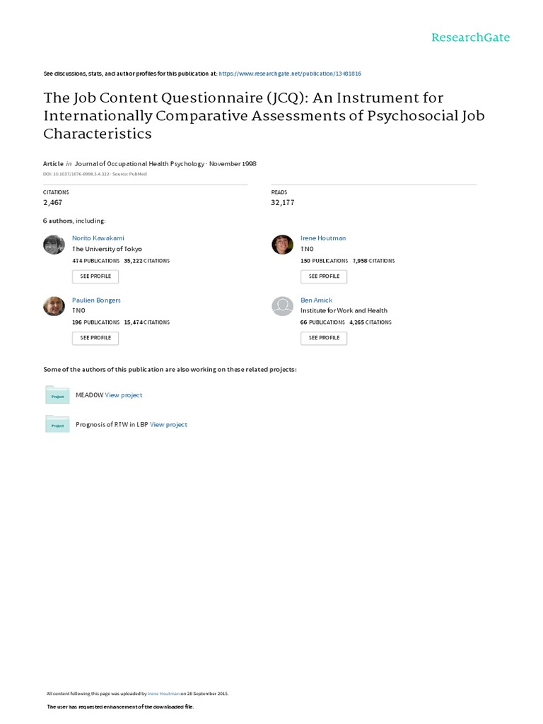 The Job Content Questionnaire (JCQ) : An Instrument For Internationally ...