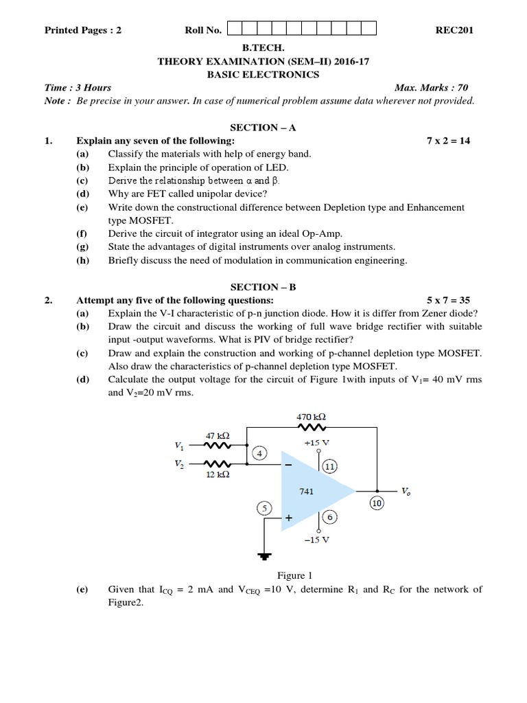 B.Tech Basic Electronics Exam Questions | PDF | Field Effect Transistor ...