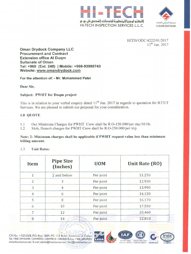 PWHT Quotation Hitech | PDF